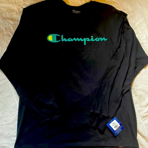 Champion | Shirts | Nwt Long Sleeve Black Shirt Green Champion Logo ...